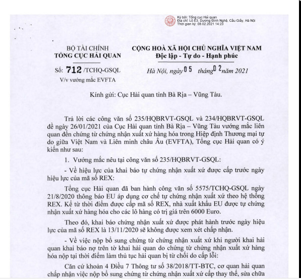 Công văn 712-TCHQ-GSQL ngày 05/02/2021 Vướng mắc C/O form EVFTA
